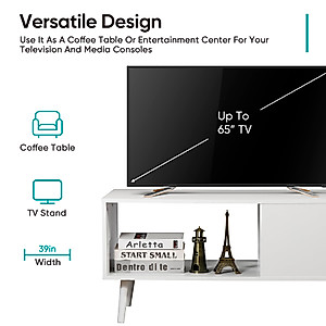 SUPER DEAL Wooden Coffee Table 2 Tier Mid Century Modern Center Table with Open Storage Shelf for Living Room, 40 Inch Accent Sofa Side Table for Indoor Bedroom Apartment Small Spaces, White