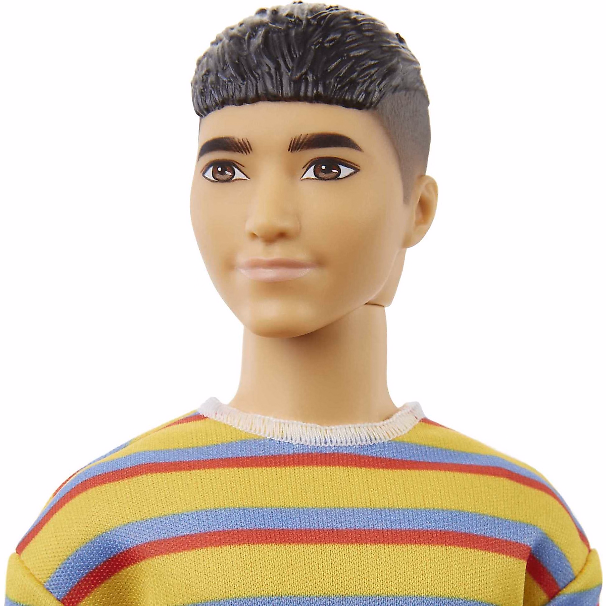 Barbie Ken Fashionistas Doll #175 with Brunette Hair Dressed in Colorful Striped Shirt, Denim Shorts and White Boots