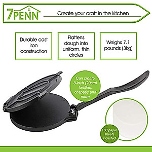 7Penn Cast Iron Tortilla Press 8in - Corn Tortilla Press Roti Maker Flour Tortillas Presser with 100 Cooking Sheets
