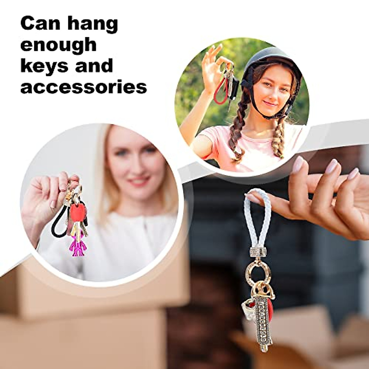 MUGVOLAX Anti-Lost car Keychains, Key fob Chains with Phone Number Plate, Leather Woven key chains, Accessories With Bling Rhinestones (White)