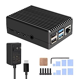 Geekworm Case with Power Supply for Raspberry Pi 4, Heavy Duty Passive Cooling Metal Case + 20W Type-C 5V 4A Power Adapter for Raspberry Pi 4B Only-Black (P173)