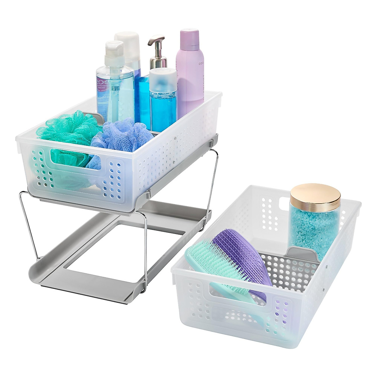 madesmart 2-Tier Organizer, Multi-Purpose Slide-Out Storage Baskets with Handles and Dividers, Frost