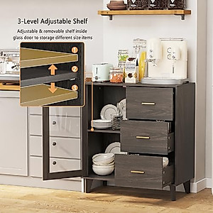 Function Home Sideboard Buffet, Storage Cabinet with Glass Door, Wood Accent Console with Drawers, Mid Century Coffee Bar for Kitchen, Living Room, Hallway, Entry, Walnut