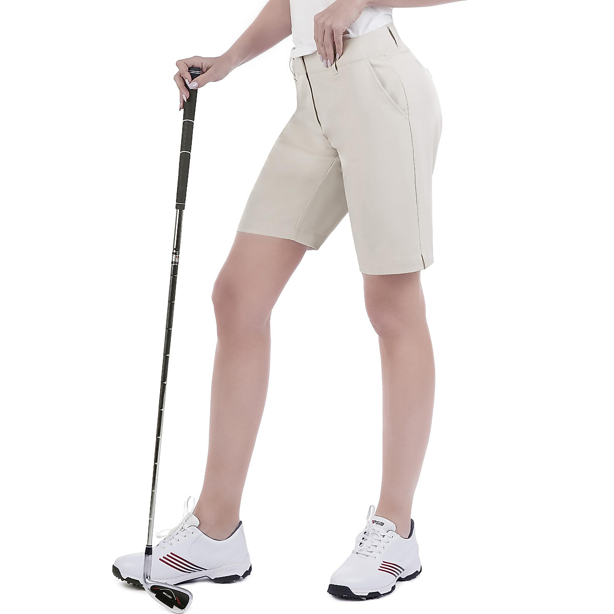 Women's Golf Shorts Relaxed Fit Stretch Bermuda Shorts Knee Length Tech Twill Ladies Golf Shorts Size 6 Beige