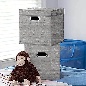 Collapsible Storage Bins With Lids, Linen Fabric Foldable Storage Boxes Closet Organizer Containers With Cover For Home, Office, Bedroom Nursery [2-Pack] (Gray, Metal Handle)