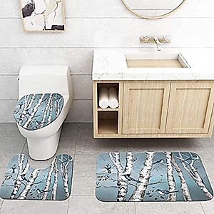 DuoBaorom 4 Pieces Set Birch Tree Shower Curtain Set Abstract Blue White Forest Birds Picture on Non-Slip Rugs Toilet Lid Cover Bath Mat and Bathroom Curtain with 12 Hooks 72x72inch