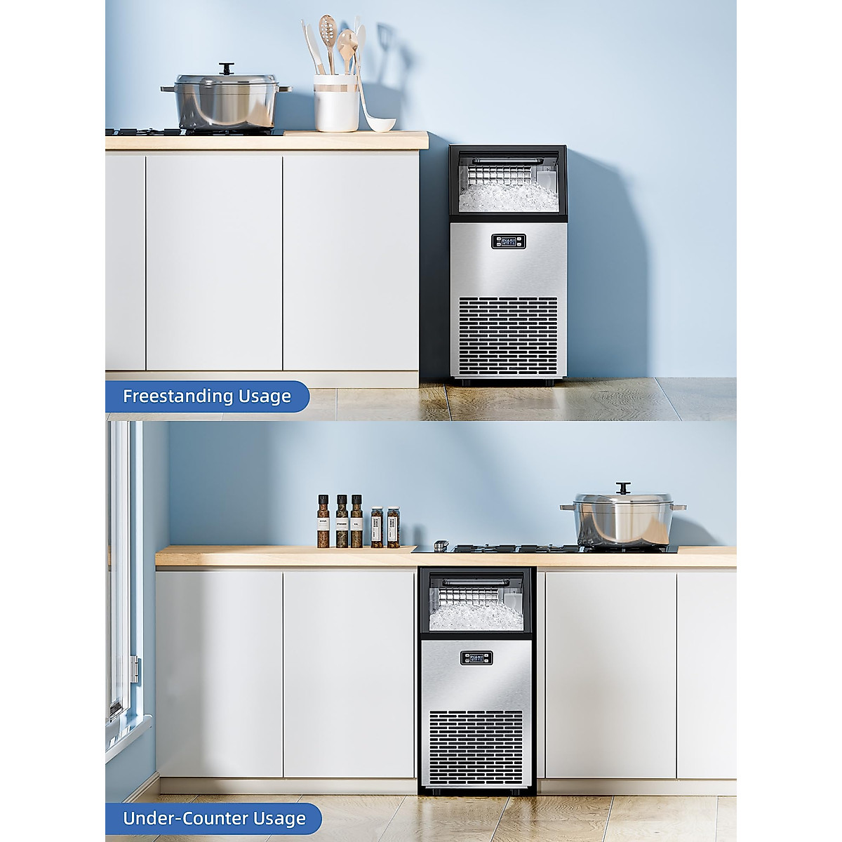 Antarctic Star Commercial Ice Maker - 100lbs/24H Under Counter Ice Maker Machine with 2 Way Water Inlet, 33lbs Storage, Stainless Steel, Under Counter Ice Machine for Home/Bar/Restaurant