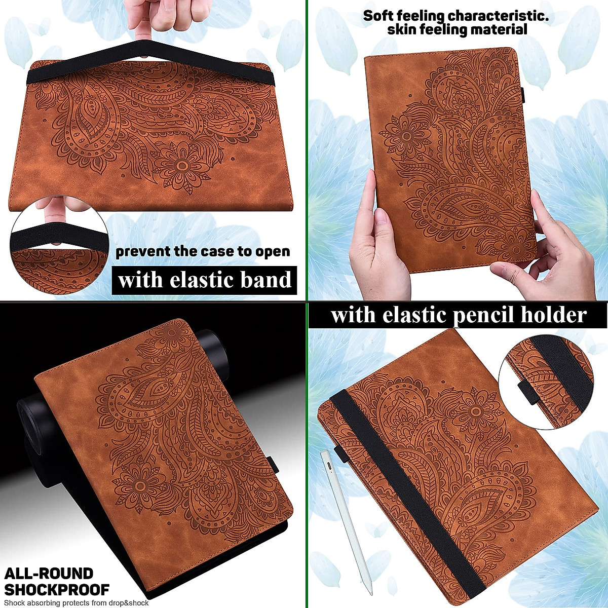 UUcovers for iPad 10th Generation Case 10.9 Inch 2022 with Pencil Holder/Pocket/Band/Embossed Floral Pattern/PU Leather/Soft TPU Wallet Folio Stand Magnetic Shockproof Cover, Brown Peacock Flower
