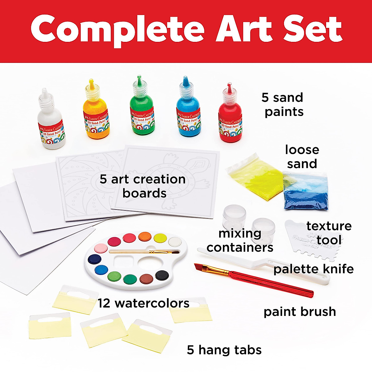 Faber-Castell 3D Sand Painting Kit for Kids: Create 5 Sand Art Pictures, DIY Arts and Crafts for Kids Ages 6-8+, Art Projects and Gifts for Girls and Boys, Red, Yellow, Green, Blue and White