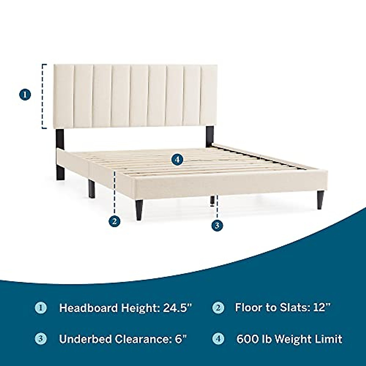 Lucid Bed Frame with Headboard – Vertical Channeled Upholstered Platform Frame – Queen Size– No Box Spring Needed - Pearl
