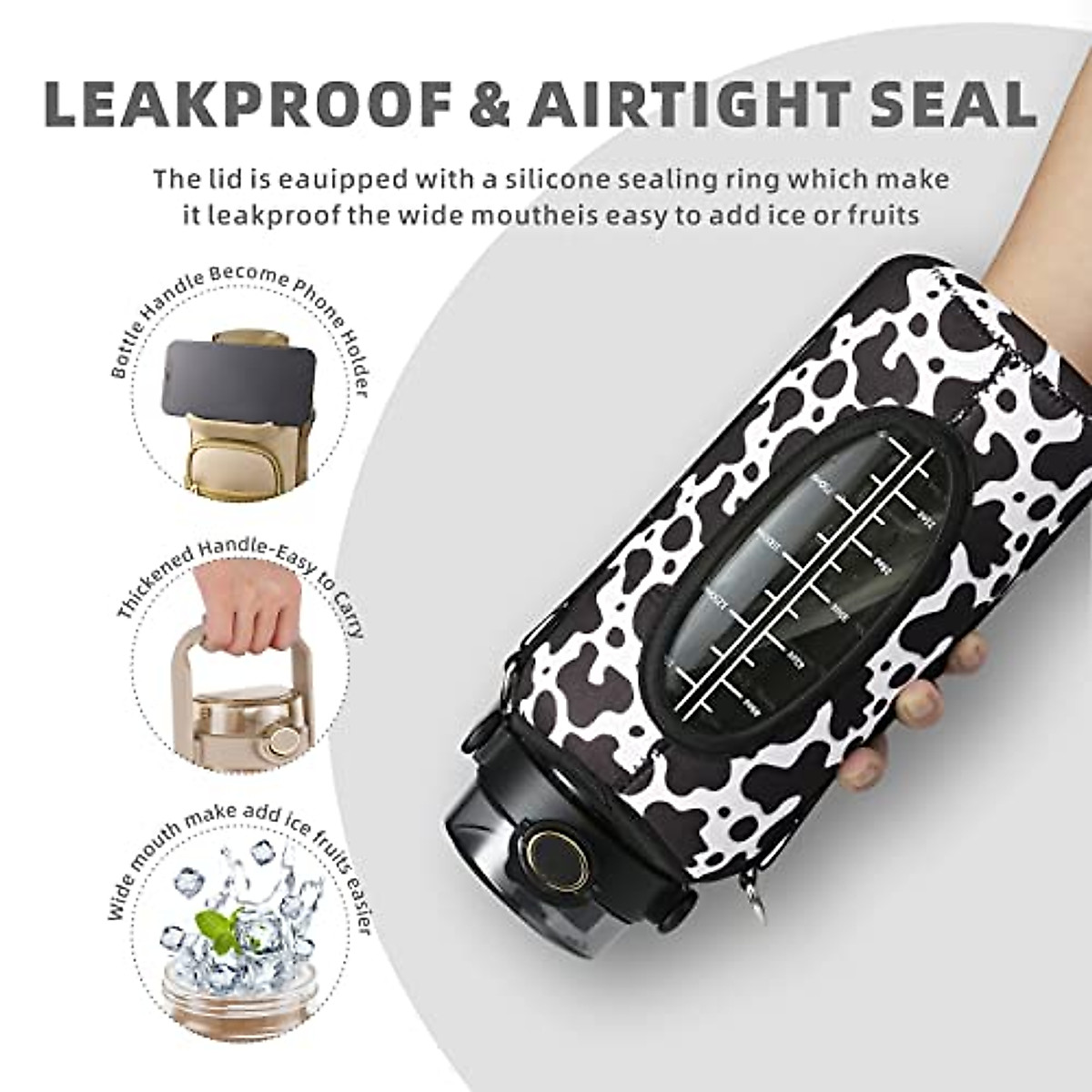 chunmo Half Gallon 64oz Glass Water Bottle with Straw and Storage Sleeve Motivational Water Bottle with Strap and Time to Drink 2L Leakproof Reusable Water Jug for Fitness Gym and Outdoors