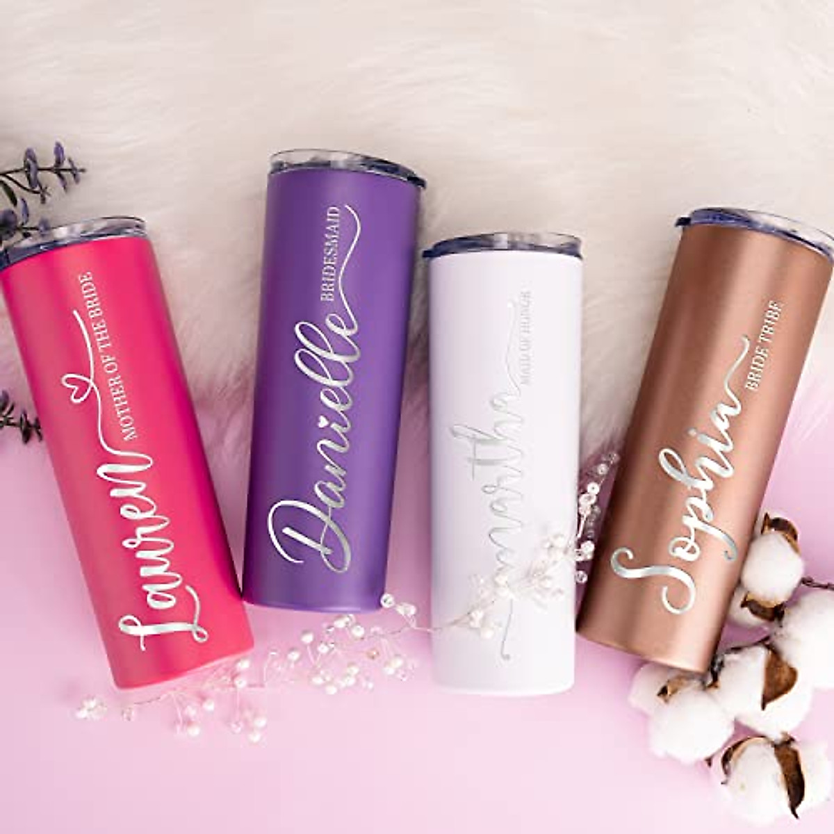 Bridesmaid Gifts Set of 5, Personalized Bridesmaid Tumbler W/ Name and Title, - 8 Vivid Colors, 5 Designs - 20 Oz Engraved Skinny Tumbler W/ Straw Set, Bridal Shower Gift, Bridesmaid Proposal Gifts