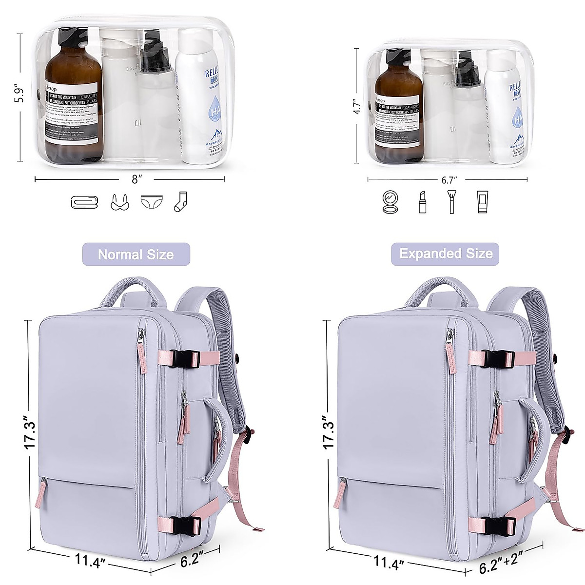 Hanples Extra Large Travel Backpack for Women as Person Item Flight Approved, Waterproof 40L Carry On Backpack, 17 Inch Laptop Backpack For Hiking Casual Bag (Gray Purple)