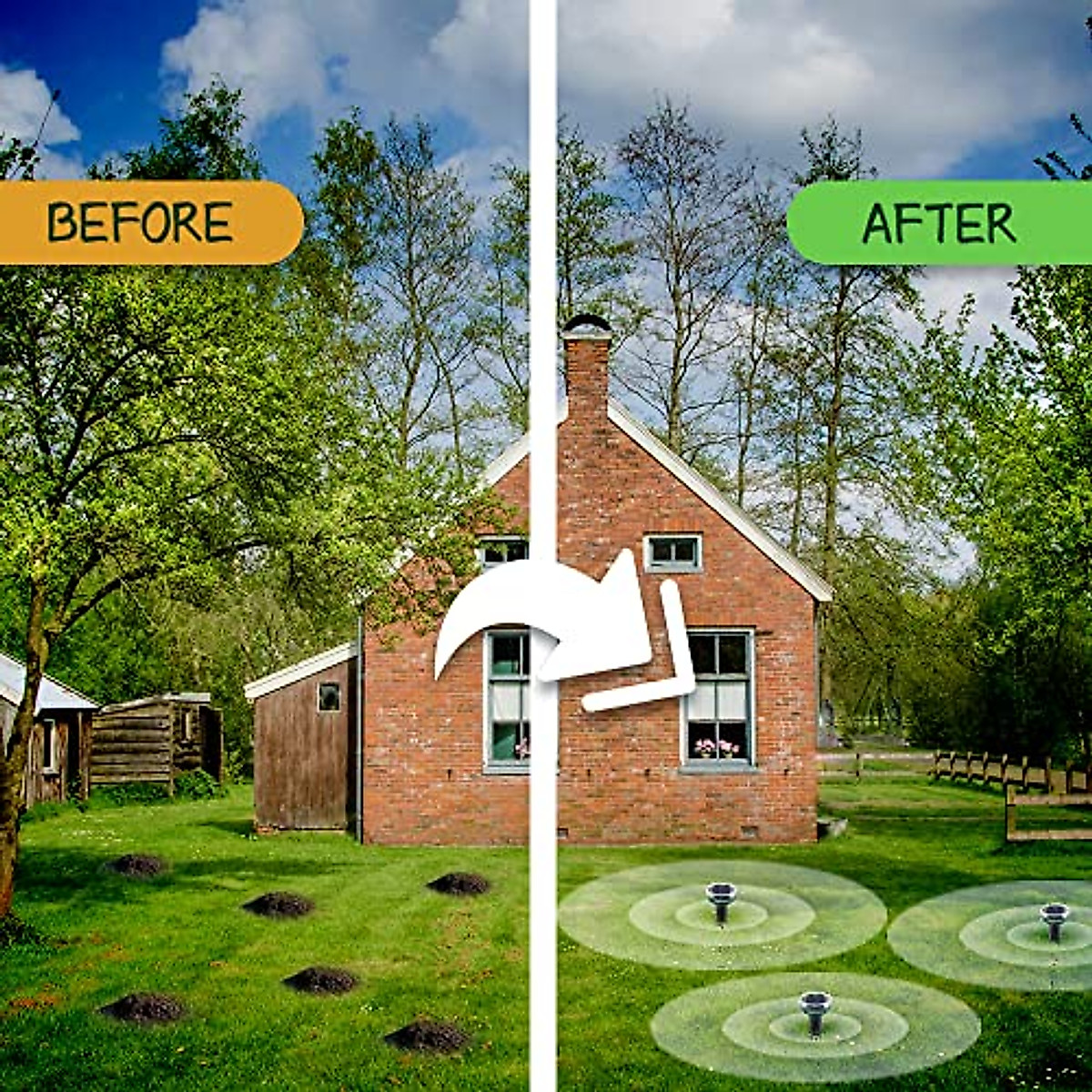 DESMORE Solar Sonic mole repellents. The Set Includes 4 Devices That Each Cover 7,500 sq ft, 100% Safe and Humane.Every Purchase Includes a Beautiful Free Stainless Foldable Shovel for Installation.