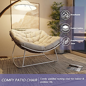 Naga Bahna Royal Rocking Chair, Outdoor Rocking Papasan Chair with Padded Beige Cushion Rocker Recliner Chair, Oversized Metal White Frame Rattan Egg Chair for Patio, Porch, Living Room