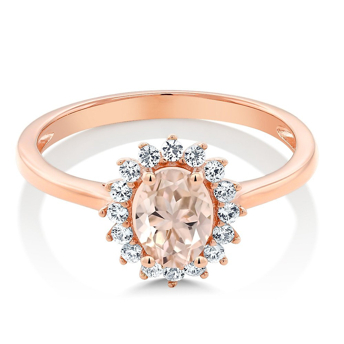 Gem Stone King 10K Rose Gold Peach Morganite and White Created Sapphire Engagement Ring For Women (0.89 Cttw, Oval 7X5MM, Available in size 5, 6, 7, 8, 9)
