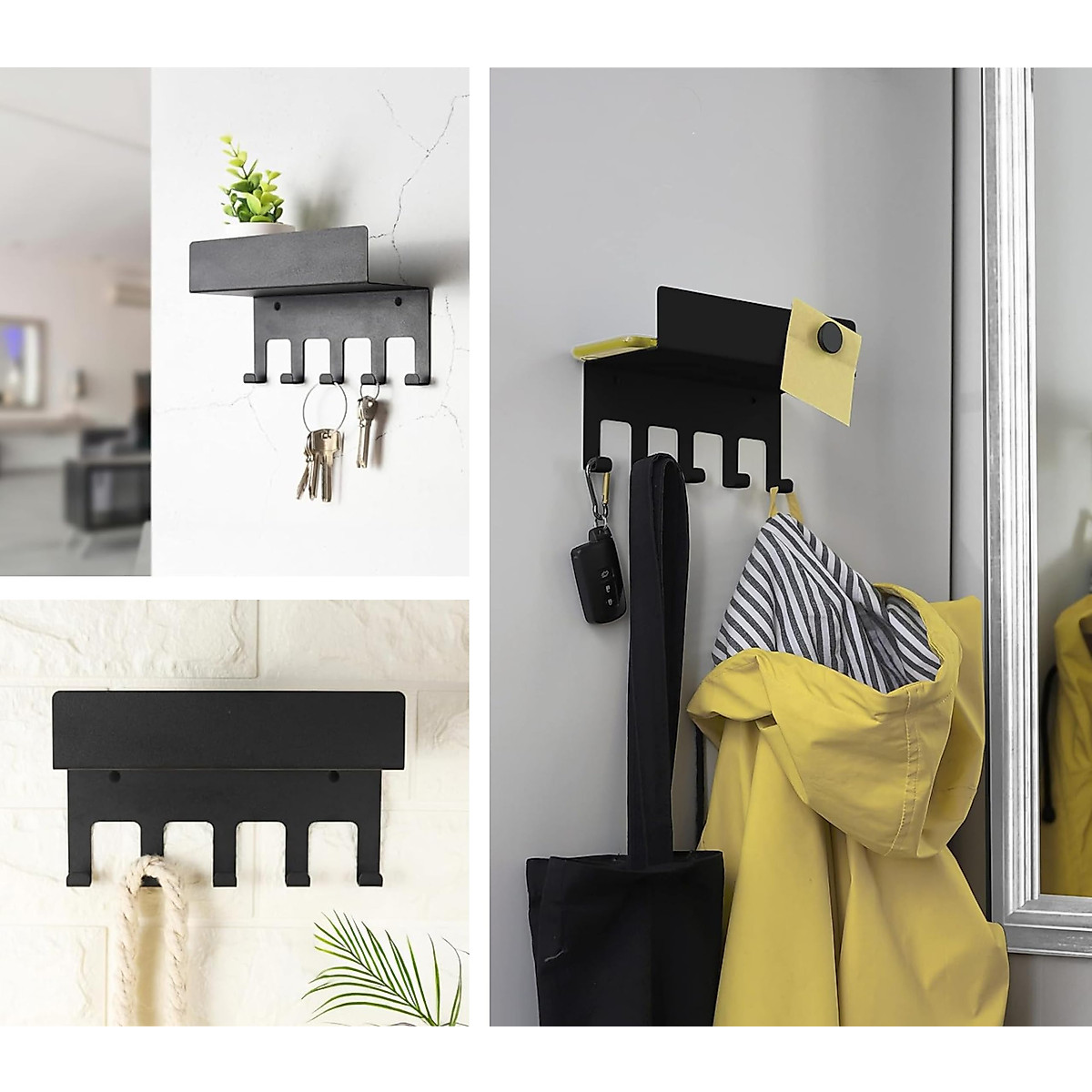 Black Metal Key Holder Wall Mount with Mail Holder - Key Holder for Wall, Key Rack, Mail Organizer Wall Mounted, Command Shelf, Key Organizer, Key Hanger, Key and Mail Holder for Wall