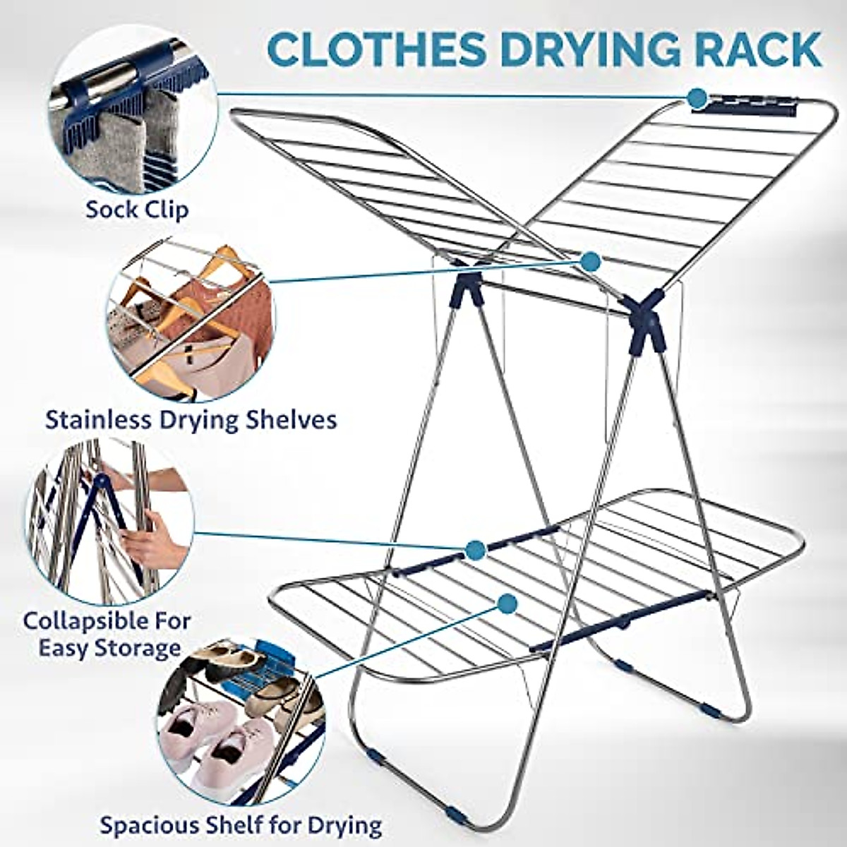 Luxe Laundry Premium Clothes Drying Rack, Foldable 2-Layer Stainless Steel Drying Rack, Free Standing with Height Adjustable Wings, Stainless Steel, Sock Clips, Towel Rack, Clothes, Blue