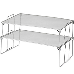 YBM HOME Stackable Shelf Storage Rack for Kitchen, Bathroom, and Office, Silver Mesh Wire Stainless Steel Organizer with Interlocking Legs, Foldable Design to Put Away (Medium, 2-Pack)