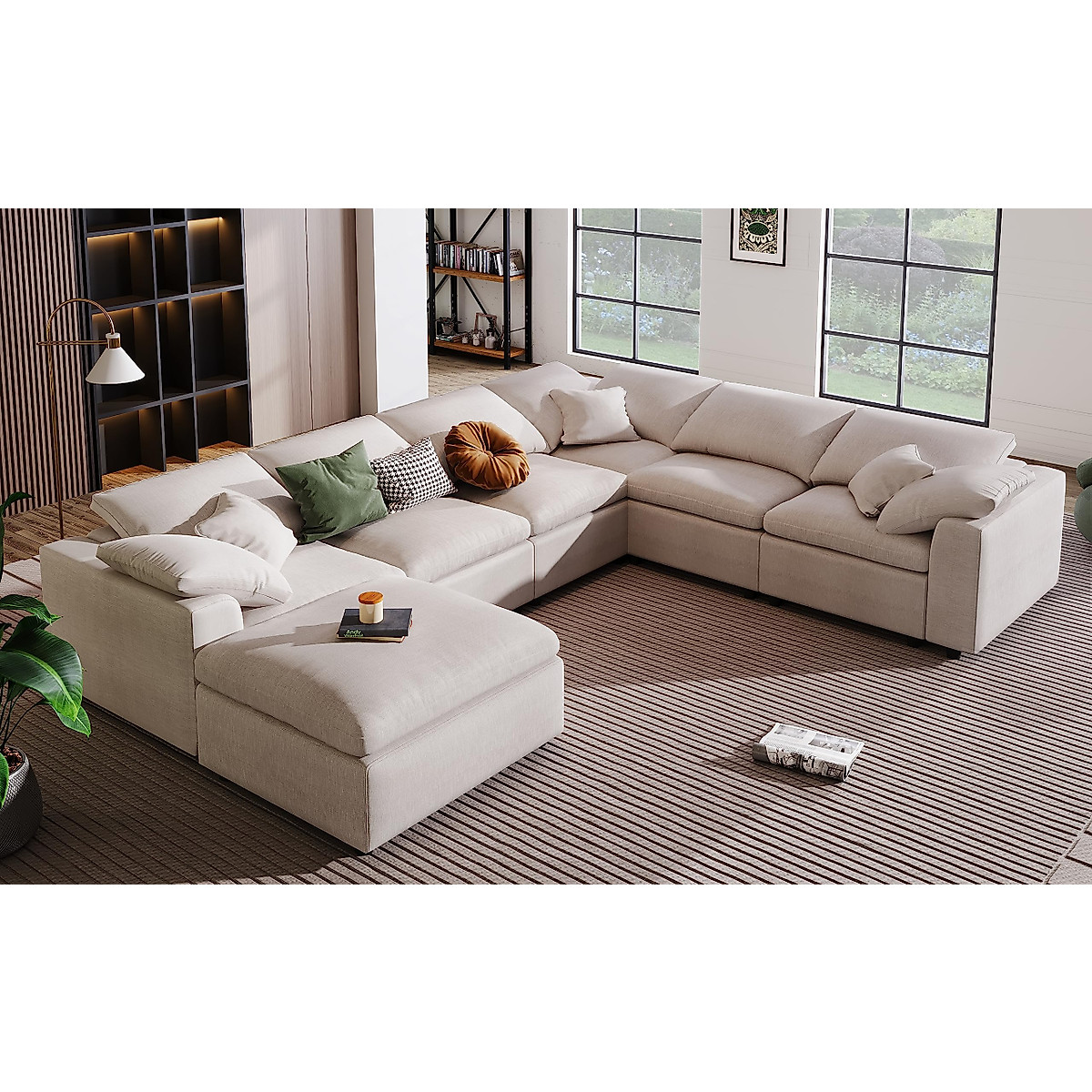 WILLIAMSPACE 130.2" Oversized Beige Sectional Couch Sofa for Living Room, Modular Upholstered Sofa Couch with Ottoman, L Shaped Corner Sectional with 5 Pillows for Spacious Space (Beige)