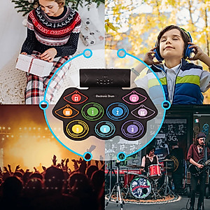 LOMUTY Electronic Drum Pad, 9 Pads Rollable Drum Practice Pad Kit Portable Electronic Drum Set for Kids Teens and Adults Beginners, Dual Built-in Stereo Speakers Digital Drum Pad Christmas Gifts