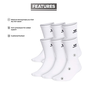 adidas Originals Trefoil (6-Pair) Crew Sock, White, Large
