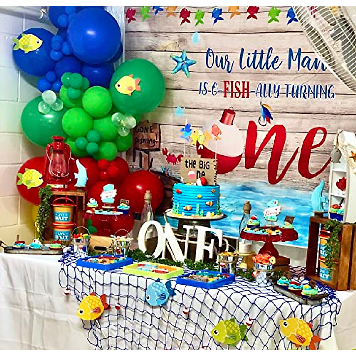 Mocsicka Gone Fishing Birthday Party Backdrop O-Fish-Ally 1st Birthday Party Decoration for Boy Rustic Wooden Cake Smash Photography Background (7x5ft)