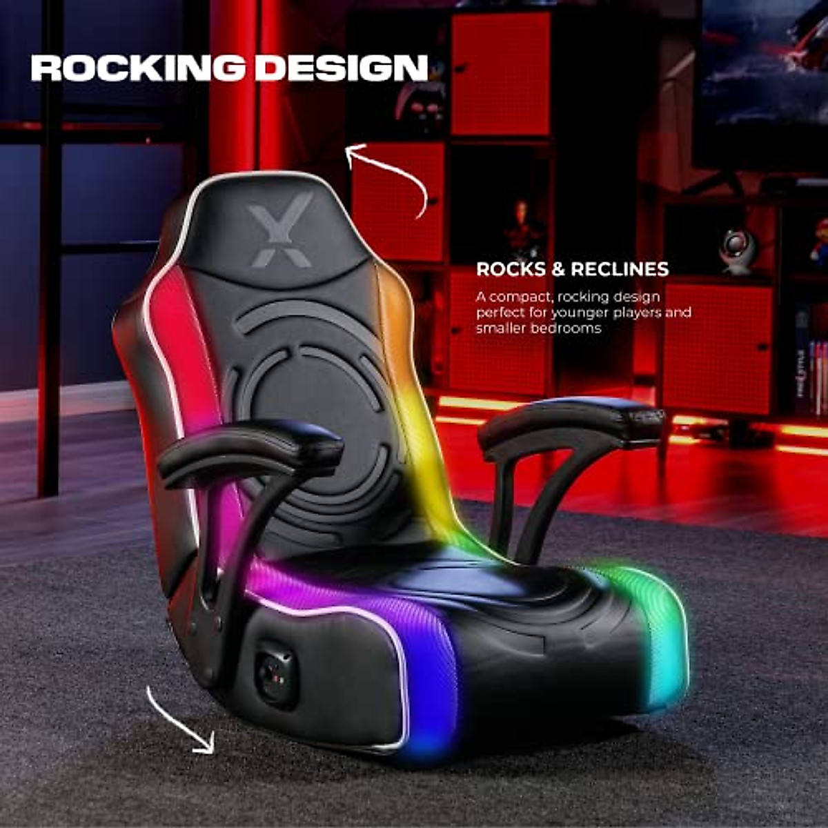 X Rocker Emerald RGB LED Floor Gaming Chair, Headrest Mounted Speakers, 2.0 Wired Audio System, 5110701, 30.3" x 26.4" x 22.2", Black