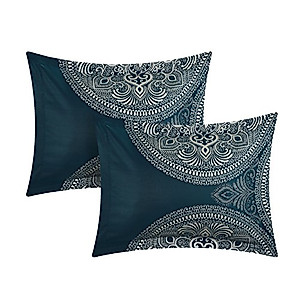 Chic Home CS2687-AN Chic Home 9 Piece Orchard Place Faux Silk Luxury Large Medalion Jacquard with Embroidery Details and Trims Queen Comforter Set Blue