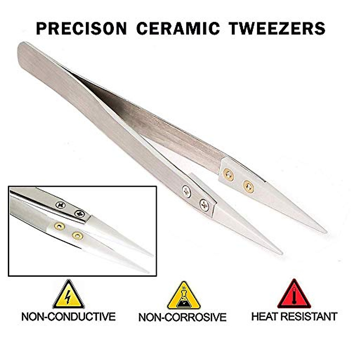Ceramic Tweezers, Stainless Steel Tweezers, Non-Conductive, High Temperature Resistance 3000 Degrees Applicable to Precision Electrical Operation (Black)