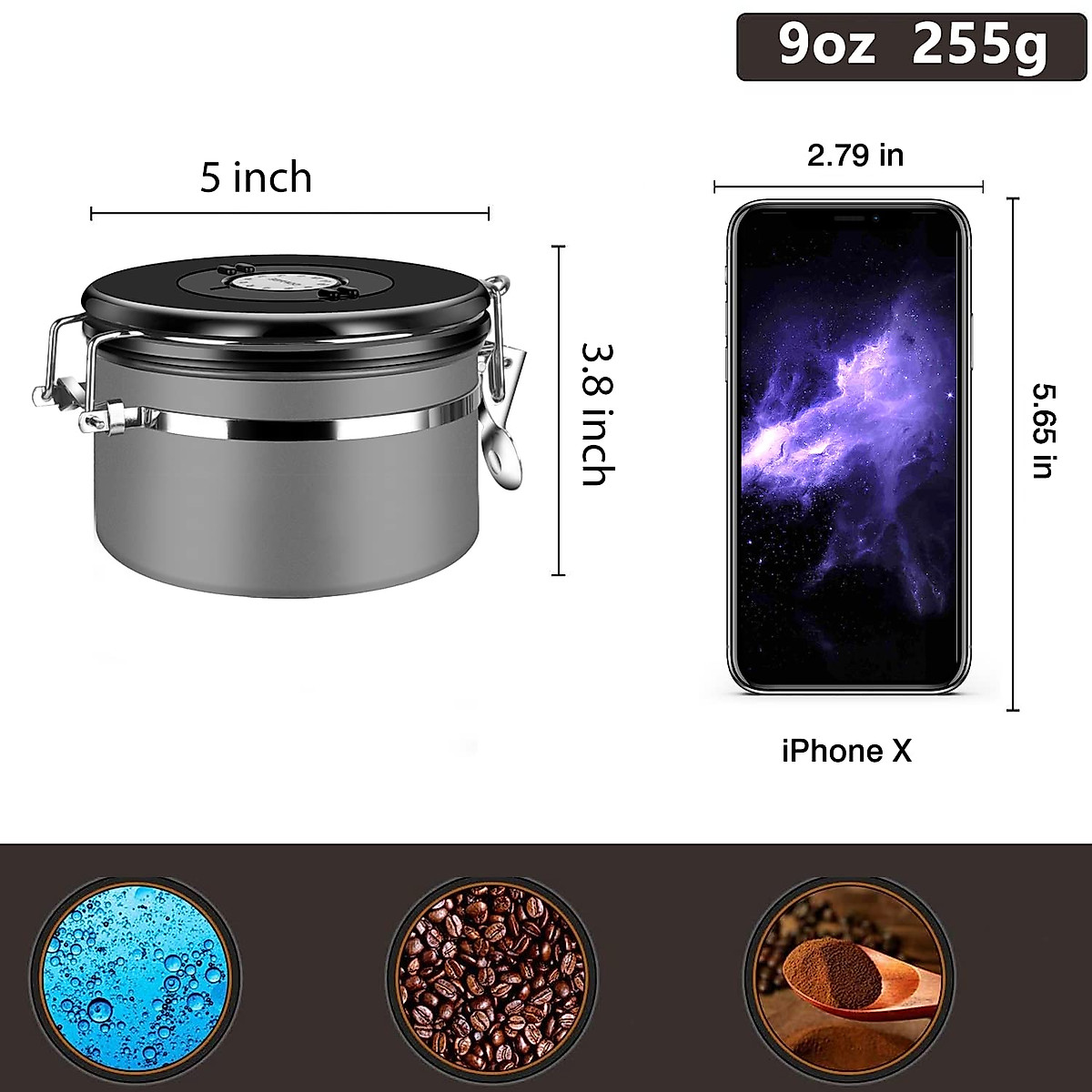 malmo Coffee Canister,Airtight Coffee Container with Date Tracker Lid, Stainless Steel Canister for Kitchen Food Storage 9oz, Black (22, Cylinder, 1, KF) (GY 9oz)