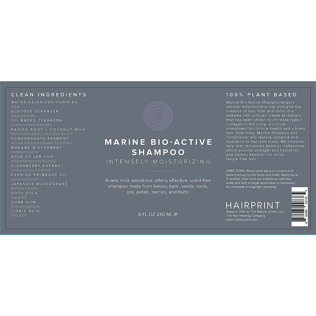 Hairprint - Natural Plant-Based Marine Bio-Active Shampoo - Intensely Moisturizing | Clean, Non-Toxic Haircare (8 fl oz | 240 ml)