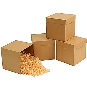 Square Gift Boxes with Lids Set of 4, Brown Kraft Gift Box with Ribbon, (8.7 Inch Medium), Presents Packing, Birthday, Wedding Party Favor Boxes.