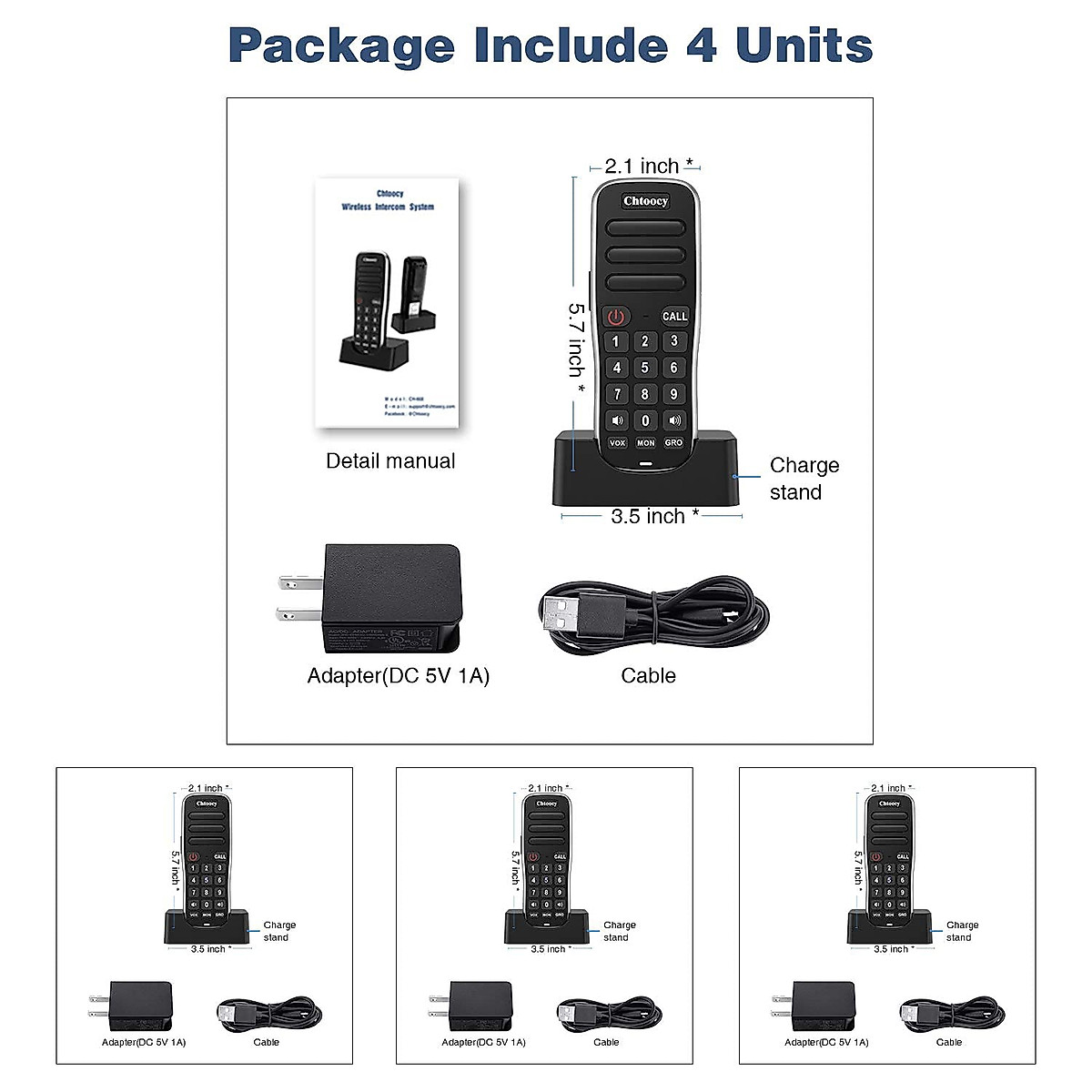 Chtoocy Rechargeable Intercoms Wireless for Home 5280 Feet Range 10 Channel, Handheld Wireless Intercom System for Home Business Office, Room to Room Communication System Expandable (4 Packs, Black)
