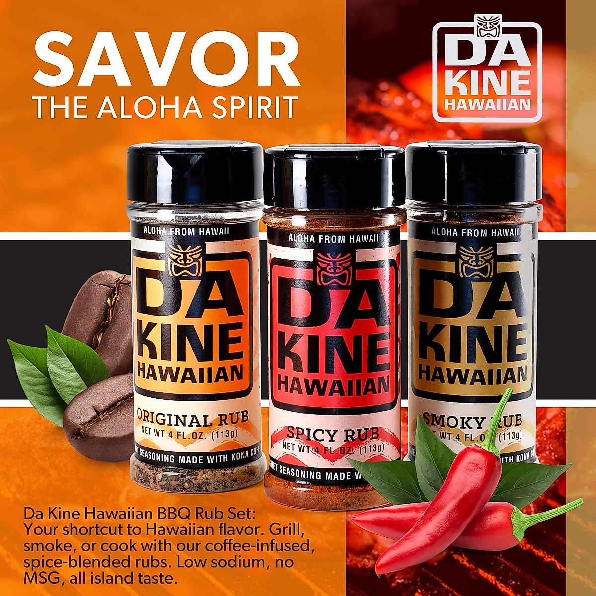 Da Kine Hawaiian Premium BBQ Dry Rub Seasoning Pack - Authentic BBQ Seasoning Blend - Perfect Gourmet Rub Spices for Smoking, Grilling & Cooking, Gluten-Free, Low Sodium, No MSG - Gift Pack (4 Oz. - 3 Pack)