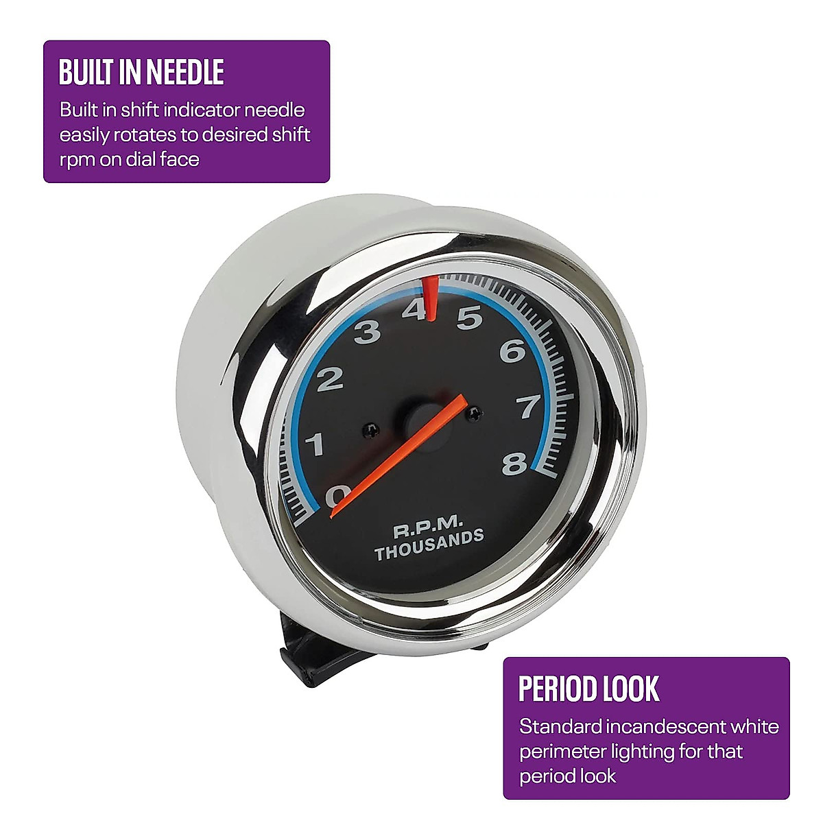 3-1/2" Chrome Electric Tachometer Kit 8K RPM - Perfect for Hot Rods, Comprehensive On-Dash/Under-Dash/Steering Column Installation, Steel Mounting Bracket, Hardware & Electrical Connectors Included