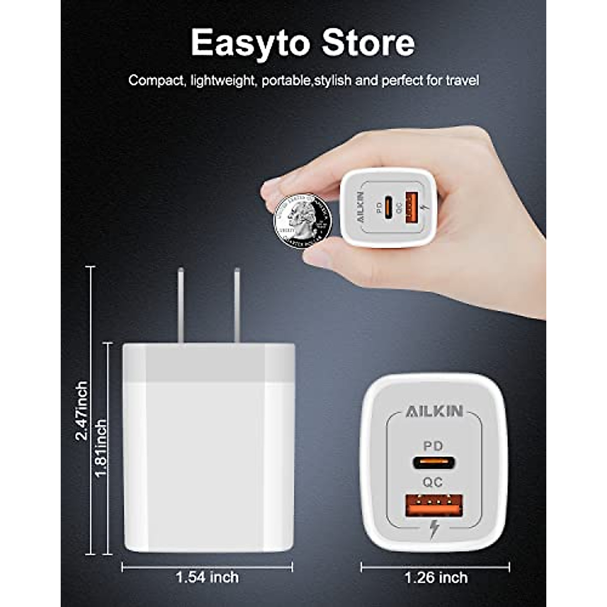 3Pack Dual Port USB-C Wall Plug-in USB Charger, AILKIN 20W Power Delivery + QC3.0 USB A Double Port Fast Charging Block for iPhone 14 13 12 Pro Max 14 Pro 12 Mini 14 11 Pro Max 14 Plus 11 SE X XS Cube