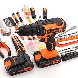 Yougfin Drill Sets Power Tool Combo Kit with 2 Batteries & Charger, 20V Battery Powered Cordless Drill Set with 114pcs Hand Tools, Tool Box with Electric Drill for Home