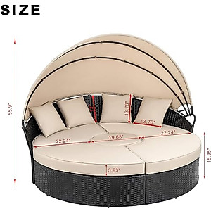 Walsunny Patio Furniture Round Daybed with Retractable Canopy, Outdoor Wicker Rattan Sectional Sofa Set,Seating Separates Cushioned Seats for Patio Lawn Backyard Pool