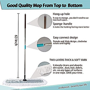 Midoneat 36 Inch Industrial Commercial Cotton Dust Mop || 63 Inch Pole || Two-Layers Thick and Soft Cotton Yarn Clean Dirty Water Dust and Hair More Easily|| 2 Sets Economical (36 inch)