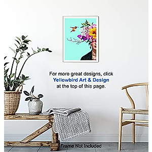Hummingbird Flowers Tropical Wall Art & Decor - 8x10 Gifts for Women - Mexican Wall Art for Bedroom Home Office, Living Room - Floral Tiffany Blue Decor Picture Print - Hummingbird Wall Decor