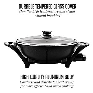Ovente Electric Skillet with Nonstick Coating and Glass Lid, 13 Inch Portable Kitchen Countertop Cooking Wok, Adjustable Temperature Control, Cool Touch Handle, Easy to Use and Clean, Black SK3113B