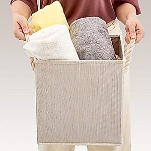 BeigeSwan Foldable Bamboo Fabric Storage Bins [set of 4] with Cotton Rope Handles, Collapsible Organizer Boxes Basket - 10.5 x 10.5 x11 inch (Beige)