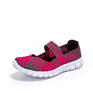 Women Elastic Woven Walking Shoes Flats Sandals,Comfy Casual Non Slip Lightweight Breathable Mary Jane Sneakers Nurse Shoes (10,Red,10)