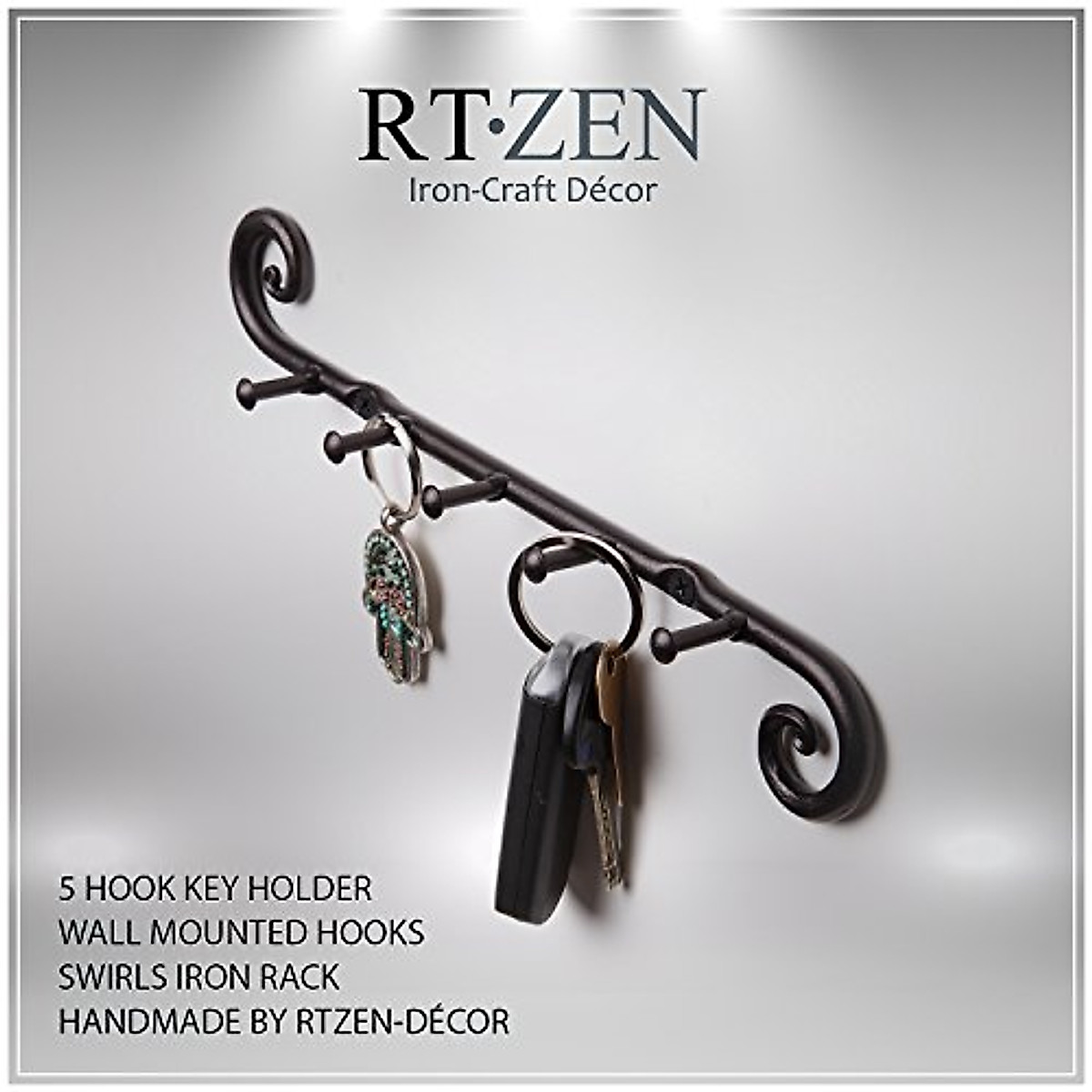 RTZEN Farmhouse Small Key Holder for Wall - Handcrafted Swirl Decorative 5 Key Hooks for Home Entryway - Wrought Iron Black Wall Mount Key Rack Purse Coat and Leash Holder or Organizer (Classic)