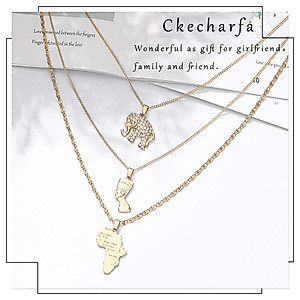 Ckecharfa Boho Rhinestone Layered Necklaces Gold Africa Map Necklaces Elephant Choker Egyptian Queen Necklace Beach Adjustable Neck Chain Jewelry Accessories for Women