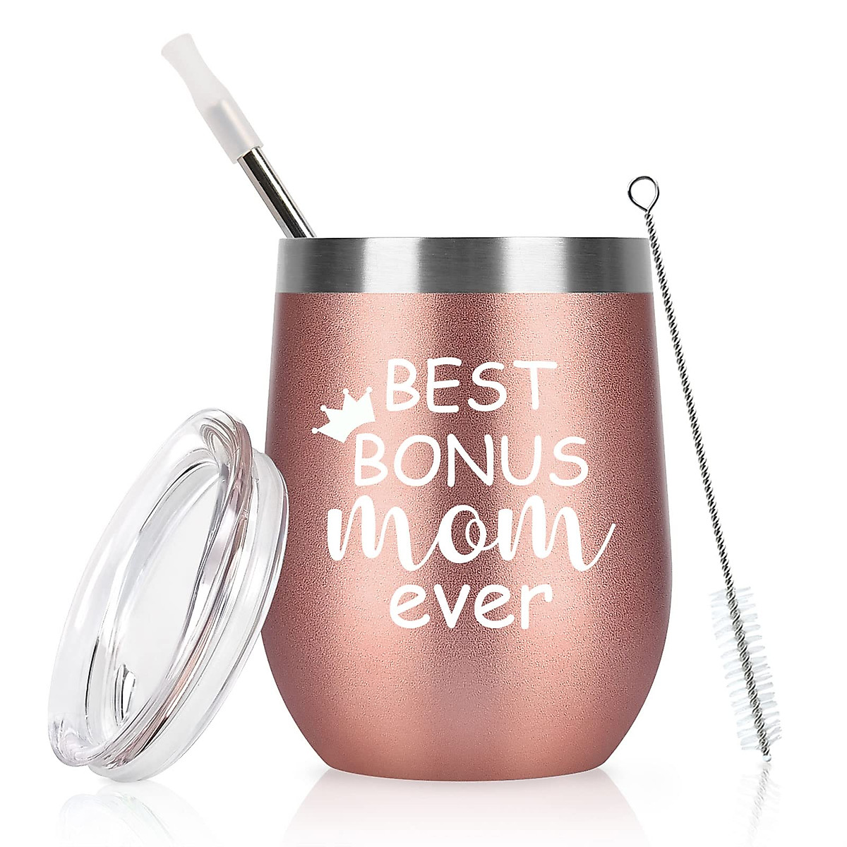 GINGPROUS Mother's Day Gifts for Mom, Best Bonus Mom Ever Birthday Gifts for Bonus Mom New Mom to be from Daughter Son, 12 Oz Insulated Stainless Steel Wine Tumbler with Lid and Straw, Rose Gold