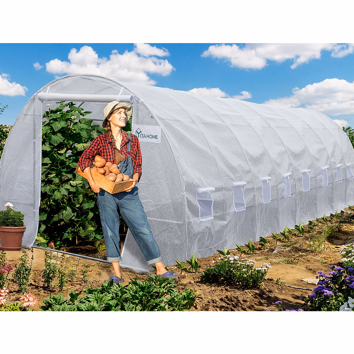 YITAHOME 26'x10'x7' Heavy Duty Greenhouses Large Walk-in Greenhouse Tunnel Green Houses Outdoor Gardening Upgraded Galvanized Steel Stake Ropes Zipper Door 9 Crossbars Garden, White