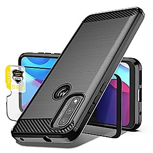 Dretal Motorola Moto G Pure Case, Shock-Absorption Carbon Fiber Cover with Tempered Glass Protector (LS-Black)