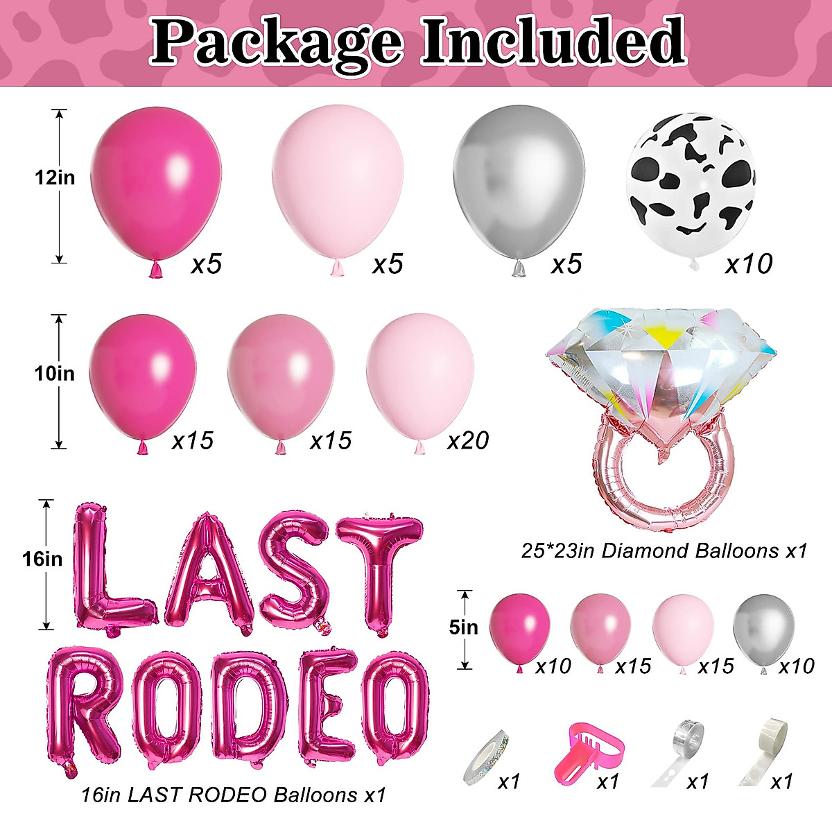 Cowgirl Pink Balloons Arch Garland Kit, 131Pcs Hot Pink Silver Cow Print Last Rodeo Diamond Foil Balloon for Western Disco Cowgirl Birthday Party Bachelorette Baby Bridal Shower Wedding Decorations